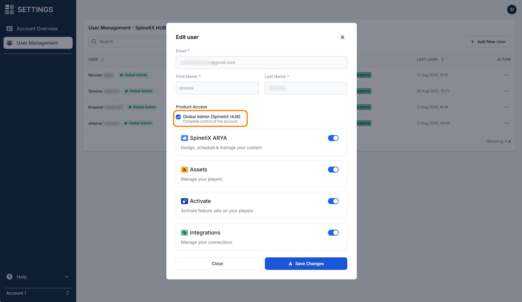 What is the "Global Admin" role in SpinetiX HUB – Help Center
